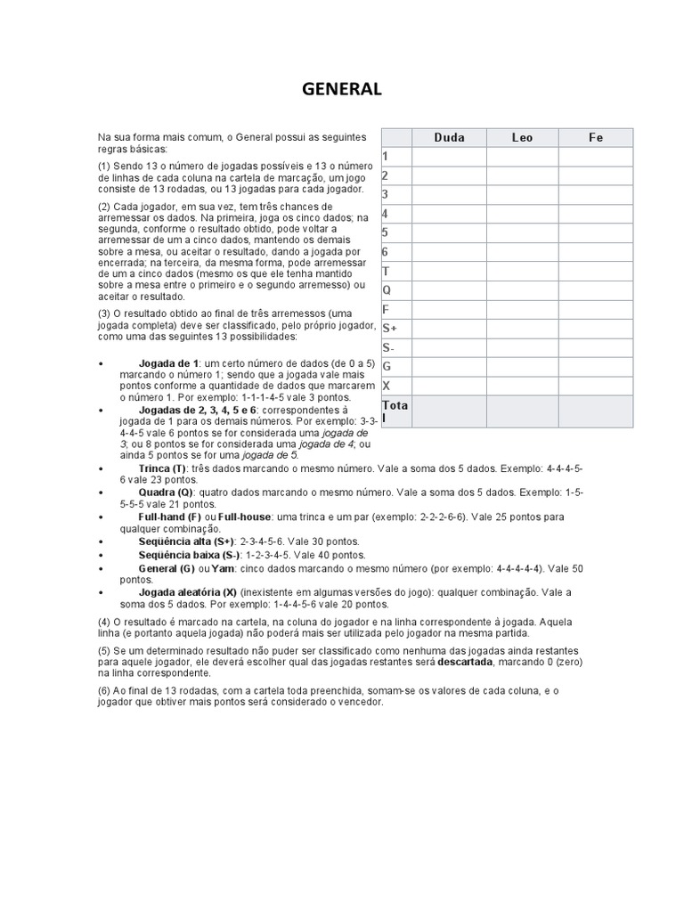Jogo General - Dados | PDF | Lazer | Ensino de Matemática