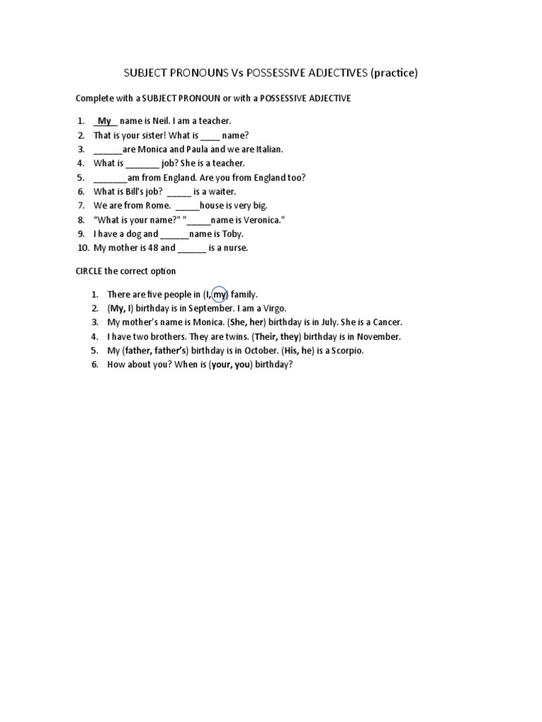 SUBJECT PRONOUNS Vs POSSESSIVE ADJECTIVES | PDF