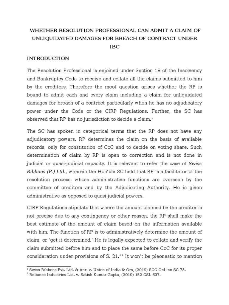 Whether Resolution Professional Can Admit A Claim of Unliquidated ...