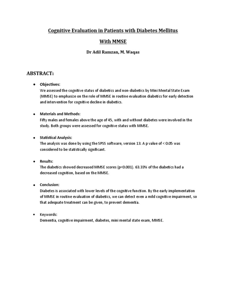Cognitive Evaluation in Patients With Diabetes Mellitus | PDF ...