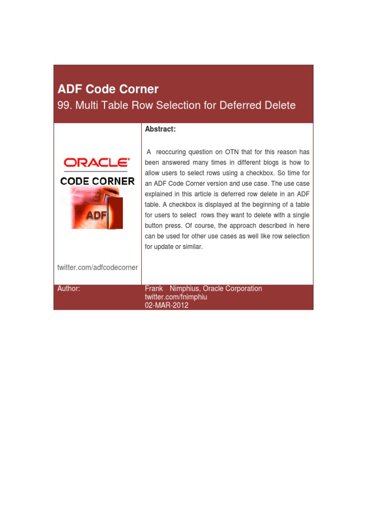 ADF Code Corner: 99. Multi Table Row Selection For Deferred Delete | PDF | Java Server Faces ...