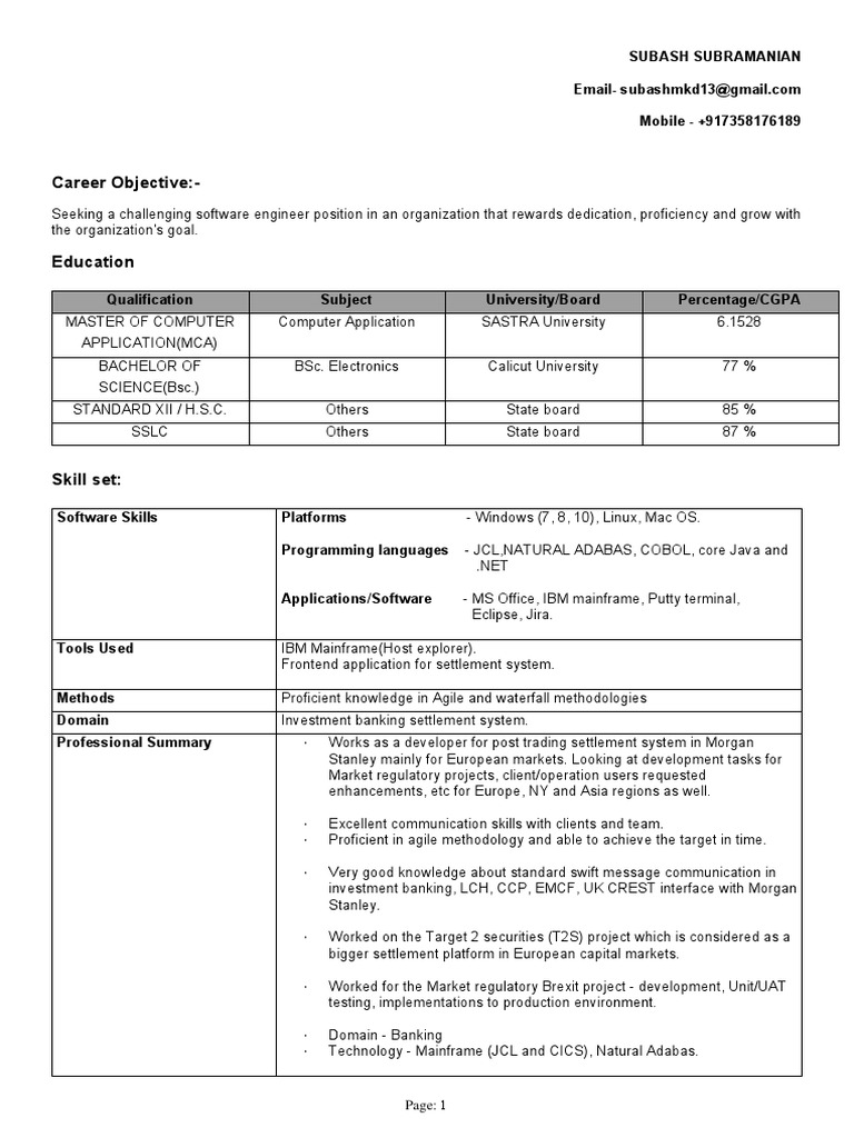 Resume - Subash Subramanian PDF | PDF | Application Software | Software