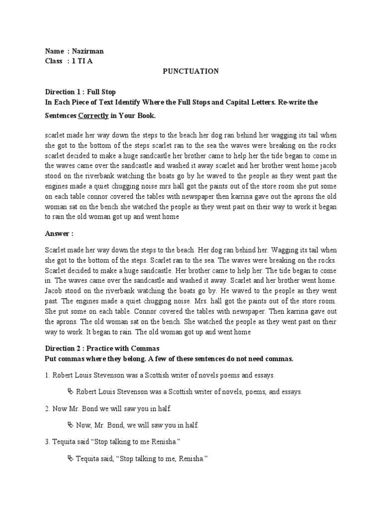 Punctuations Homework (Period, Comma, Colon) | PDF