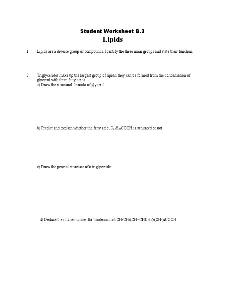 Lipids Student Worksheet | PDF | Lipid | Fatty Acid