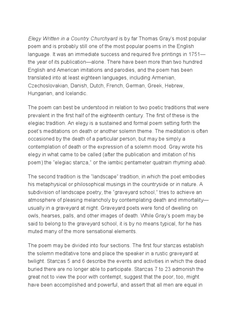 An Analysis of Thomas Gray's Popular Elegiac Poem 'Elegy Written in a ...