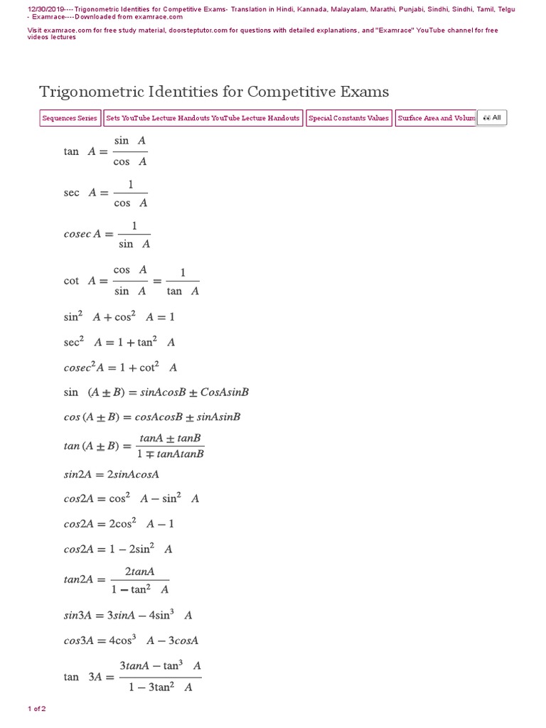Trigonometric Identities For Competitive Exams | PDF