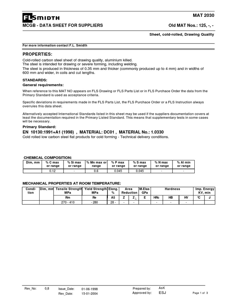 Cold-rolled steel data sheet | PDF | Rolling (Metalworking) | Strength ...
