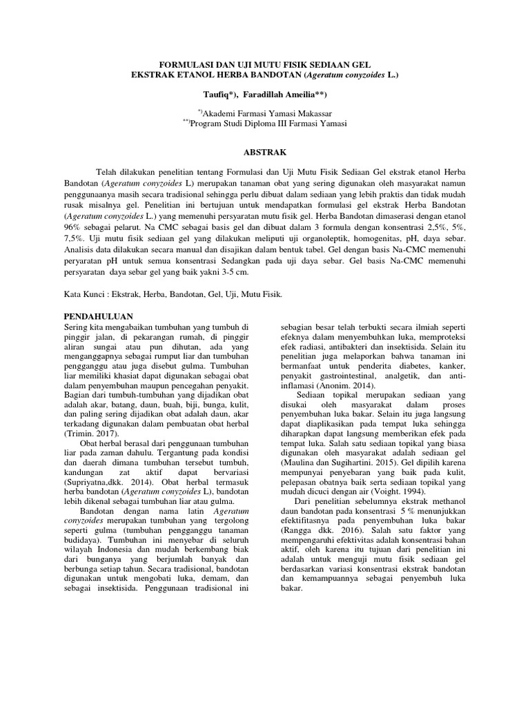 Formulasi Dan Uji Mutu Fisik Sediaan Gel EKSTRAK ETANOL HERBA BANDOTAN (Ageratum Conyzoides L ...
