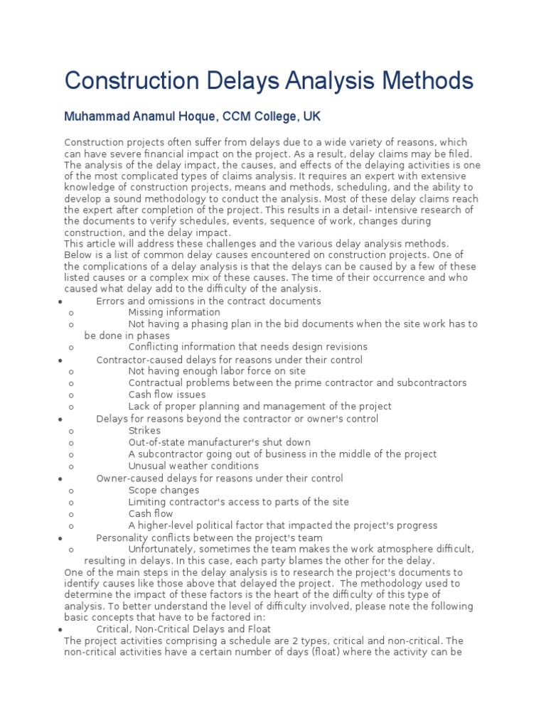 Construction Delays Analysis Methods-Muhammad Anamul | PDF | Intelligence Analysis | Cognitive ...