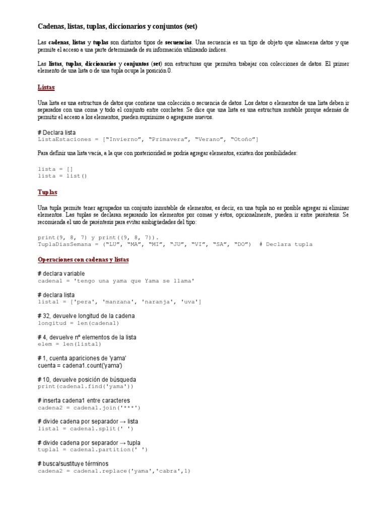 Cadenas Listas Tuplas Diccionarios y Conjuntos Python 3 PDF | PDF ...