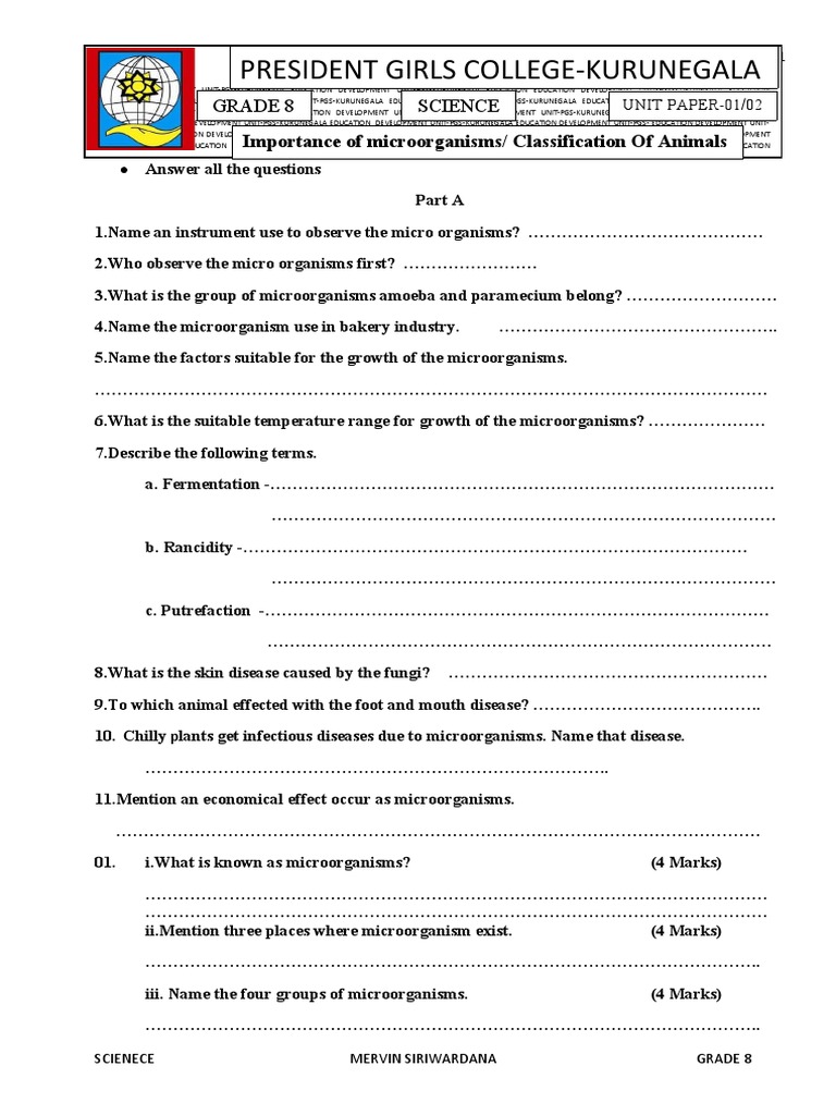 Science Unit Papers - Grade 8 Sri Lanka Local Sylubus | PDF | Skin | Fish