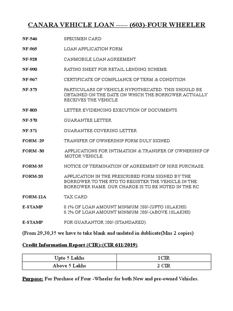 Canara Vehicle Loan - (603) - Four Wheeler: NF-546 NF-965 NF-928 NF-990 NF-967 NF-373 | PDF ...