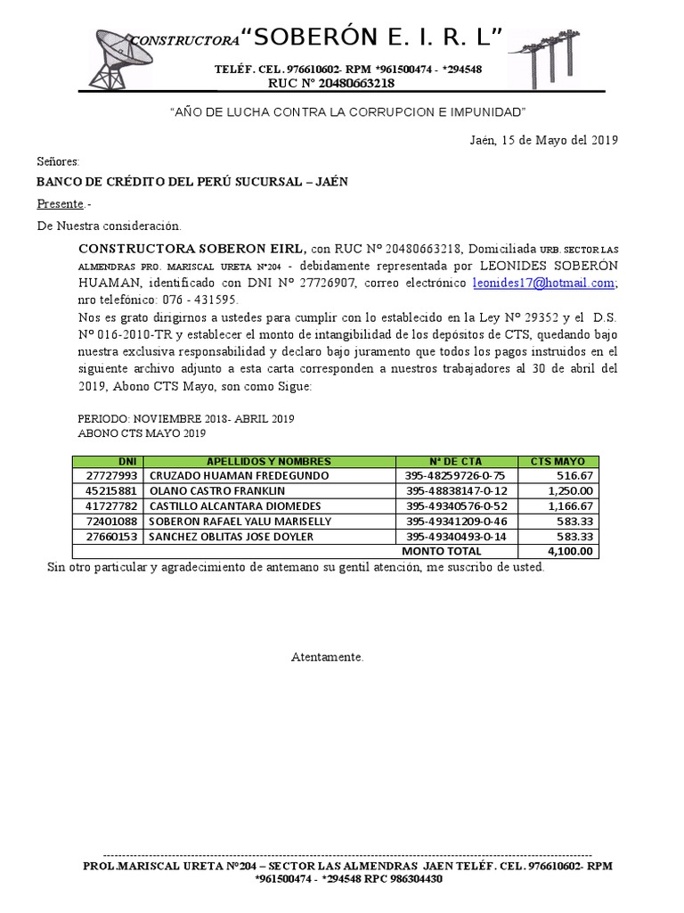 CARTA CTS - Bcp. | PDF