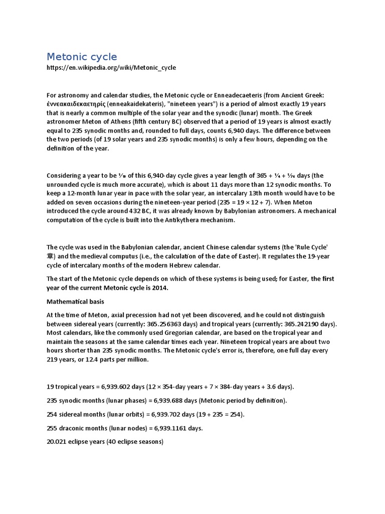 Metonic 19 Year Cycle Details Wiki | Download Free PDF | Bodies Of The ...