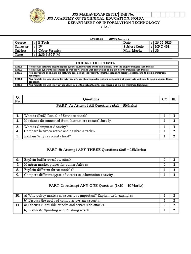 CS CIA1 2019-20 ME Final | PDF | Computer Security | Security