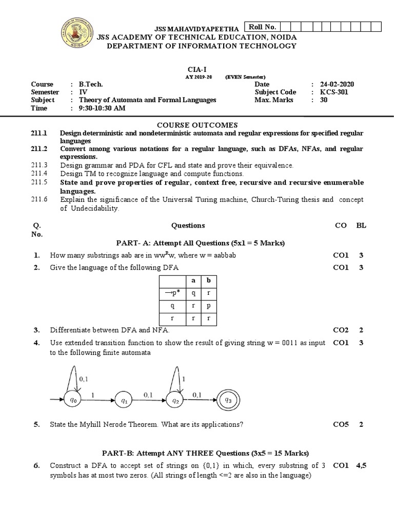 Tafl KCS 402 Cia-I 2019-20 | PDF | Theory Of Computation | Theoretical Computer Science
