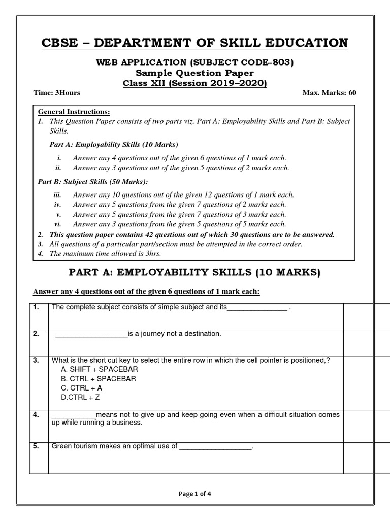 Cbse - Department of Skill Education: Sample Question Paper | PDF ...