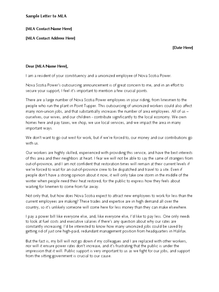 Sample Letter To MLA: (MLA Contact Name Here) (MLA Contact Address Here ...