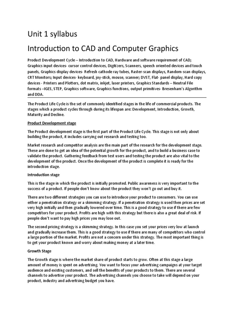 Unit 1 Syllabus Introduction To CAD and Computer Graphics: Product Development Stage | PDF ...