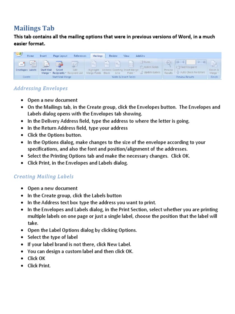 Mailings Tab: This Tab Contains All The Mailing Options That Were in ...
