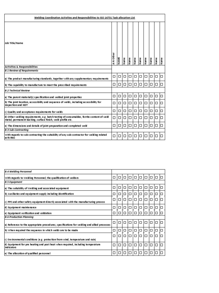 Welding Coordination Activities and Responsibilities To ISO 14731 Task Allocation List | PDF ...