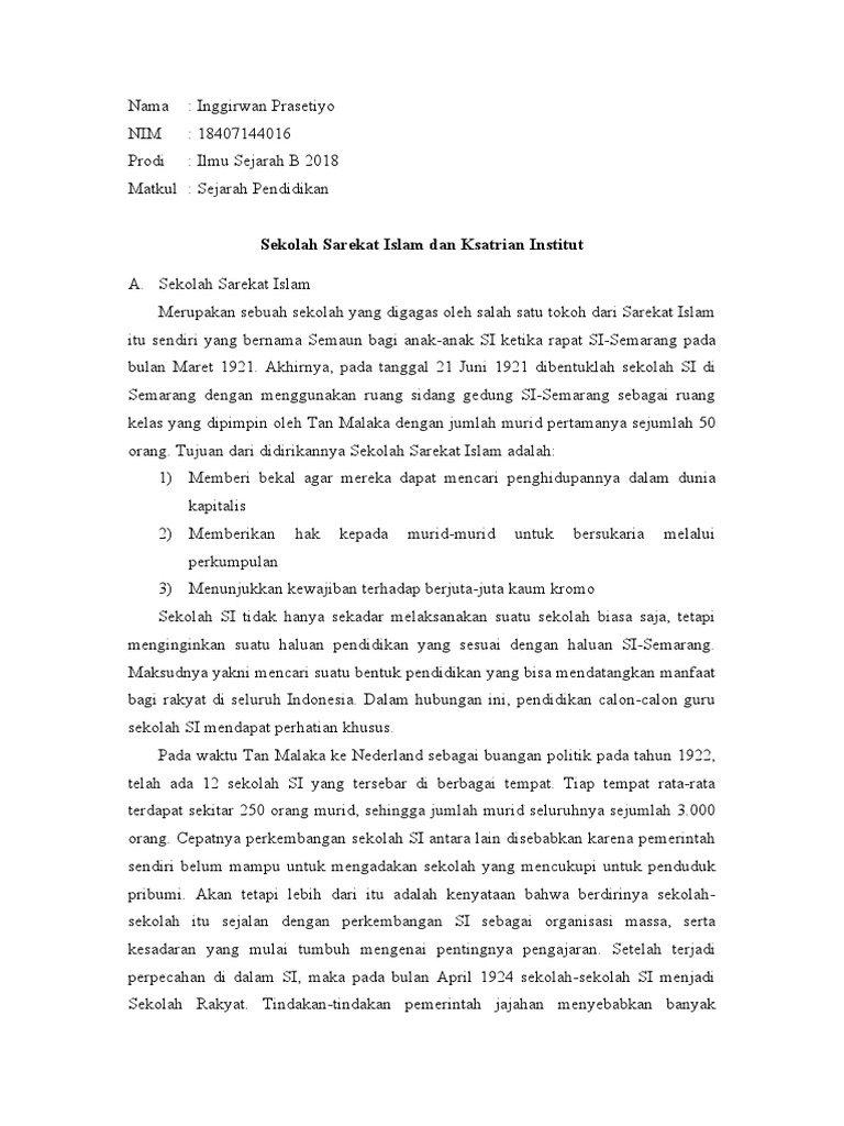 Sekolah Sarekat Islam Dan Kesatrian Institut | PDF