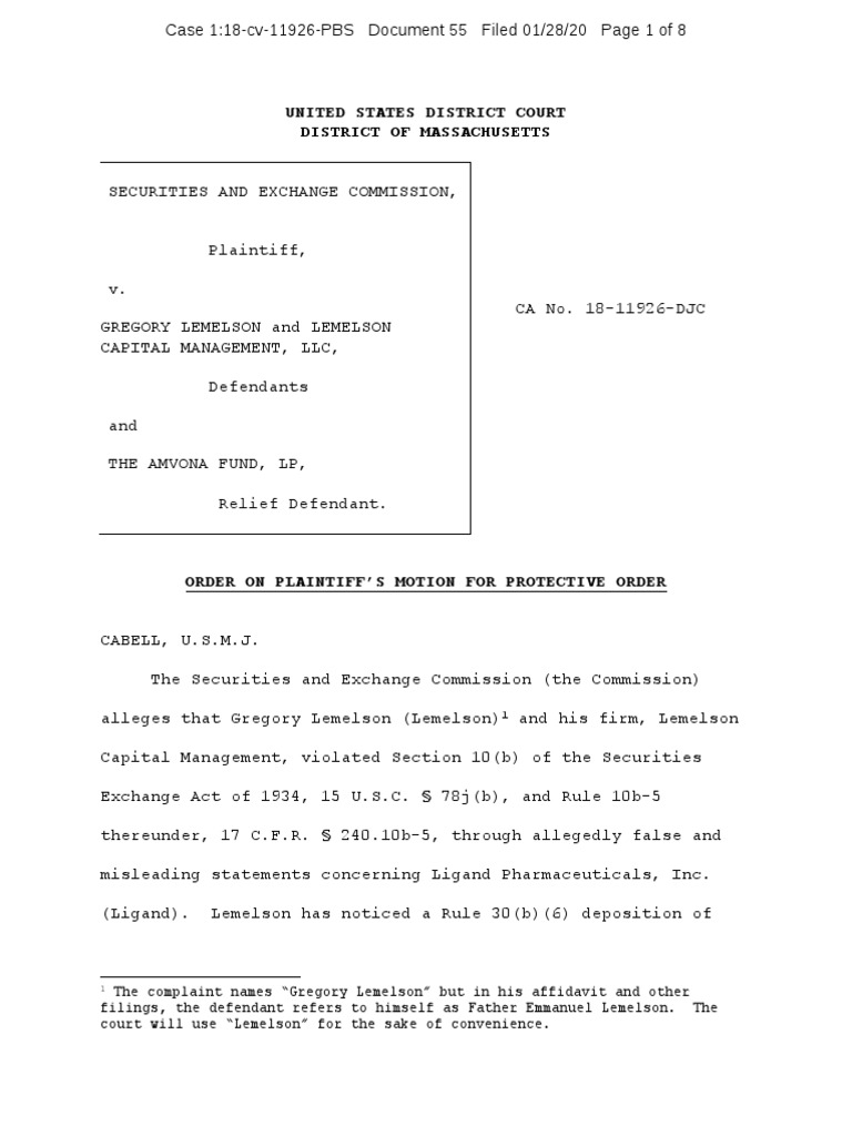 SEC v. Lemelson: Protective Order Ruling | PDF | Deposition (Law ...