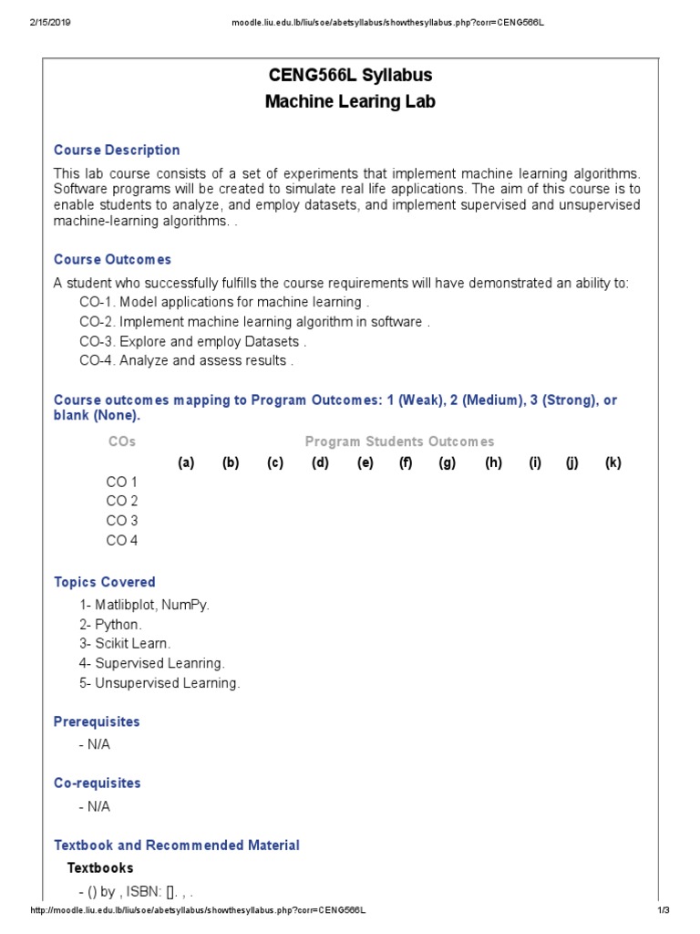 CENG566L Machine Learning Lab Syllabus | PDF | Experiment | Machine ...