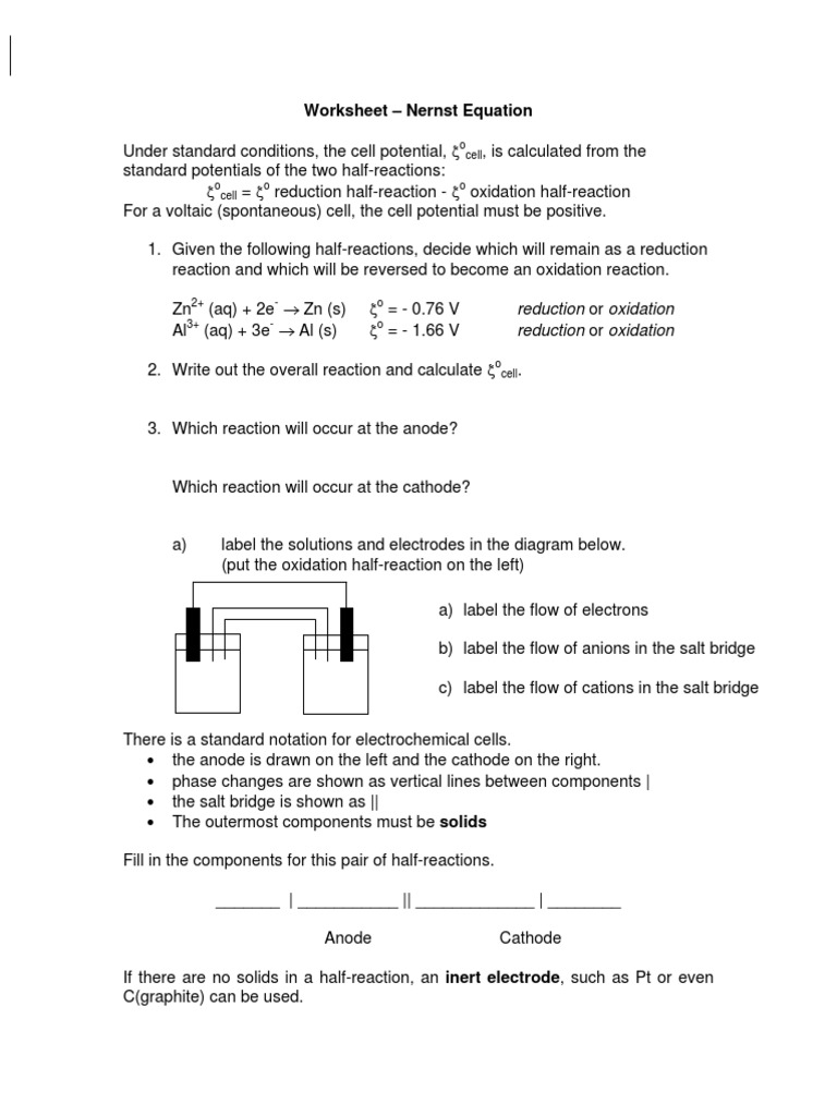 Nernst Equation Practice Worksheet | PDF | Redox | Materials