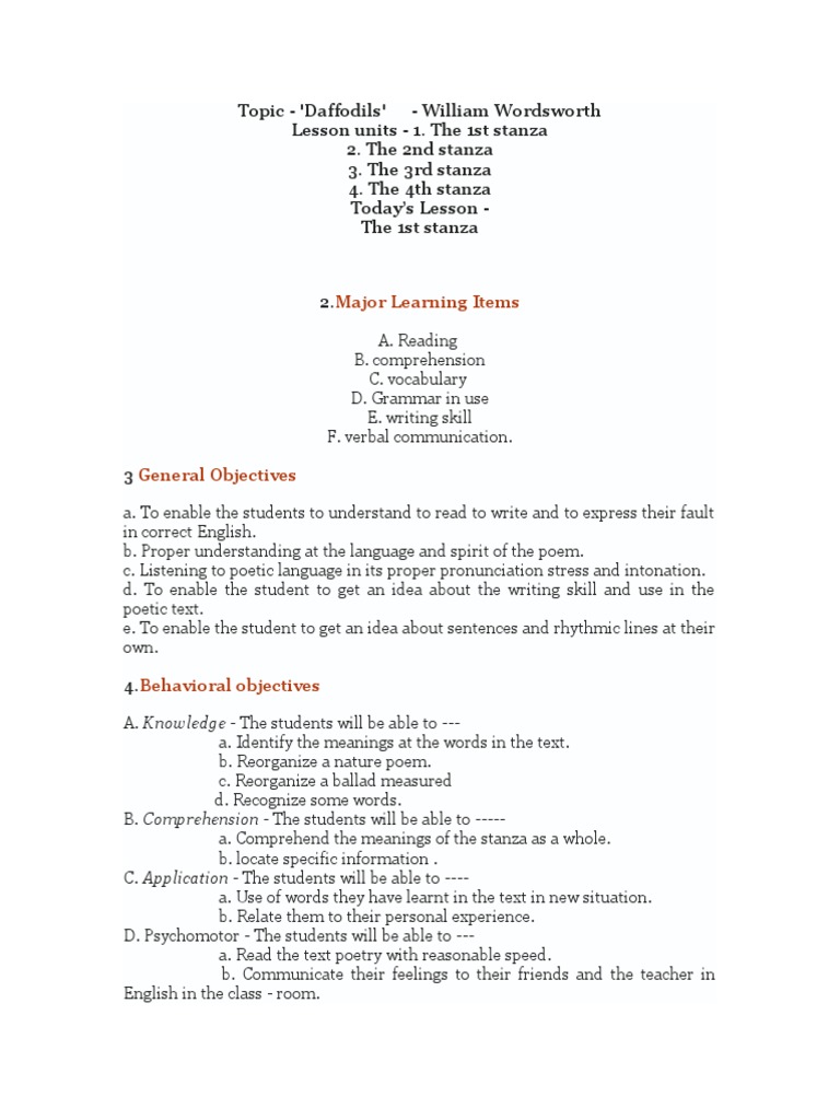 Daffodils Lesson Plan Overview | PDF | Reading Comprehension | Teachers
