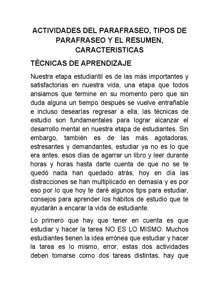 Técnicas de Parafraseo y Resumen | PDF | Psicología Aplicada | Aprendizaje