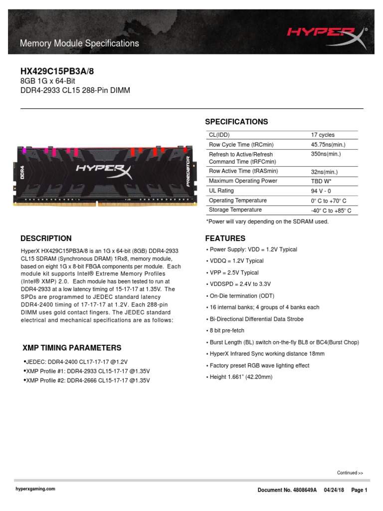 HX429C15PB3A/8 HX429C15PB3A/8: Memory Module Specifications | PDF | Digital Technology ...
