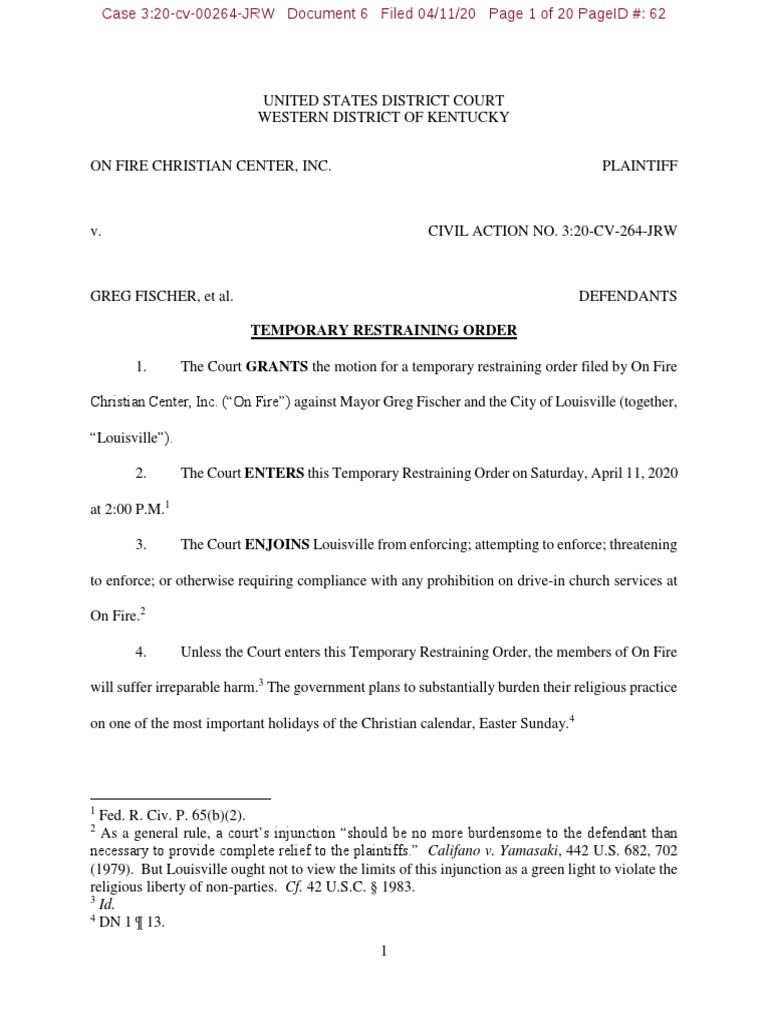 Temporary Restraining Order | PDF | Injunction | Free Exercise Clause