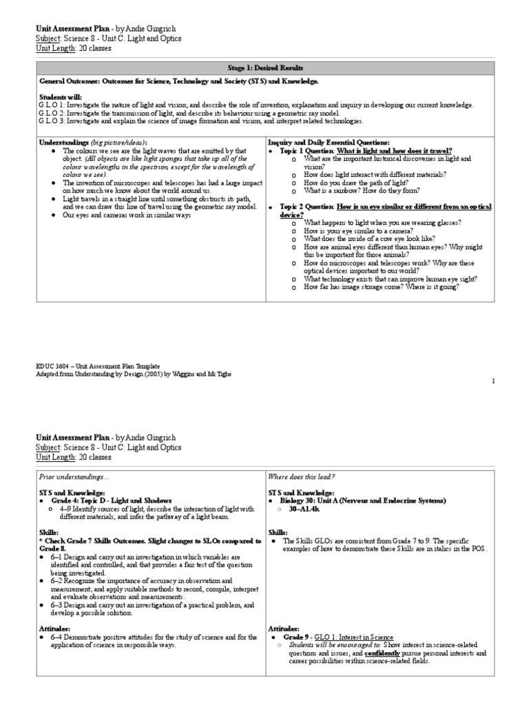 Grade 8 Science - Unit C Light and Optics - Unit Assessment Plan | PDF ...