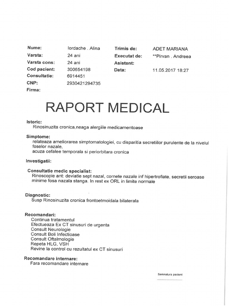 Raport Medical ORL Andreea Pirvan 11 Mai 2017 | PDF