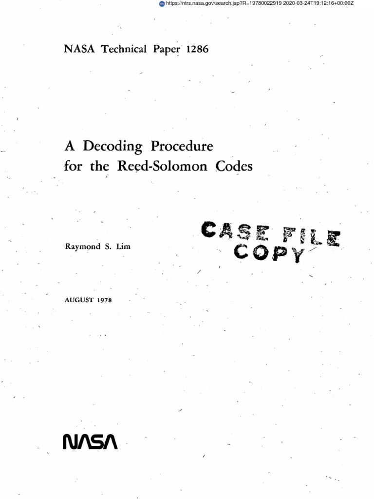 A Decoding Procedure For The Reed-Solomon Codes: NASA Technical Paper ...