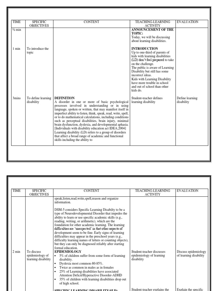 Lesson Plan On Learning Disability | PDF | Learning Disability | Dyslexia