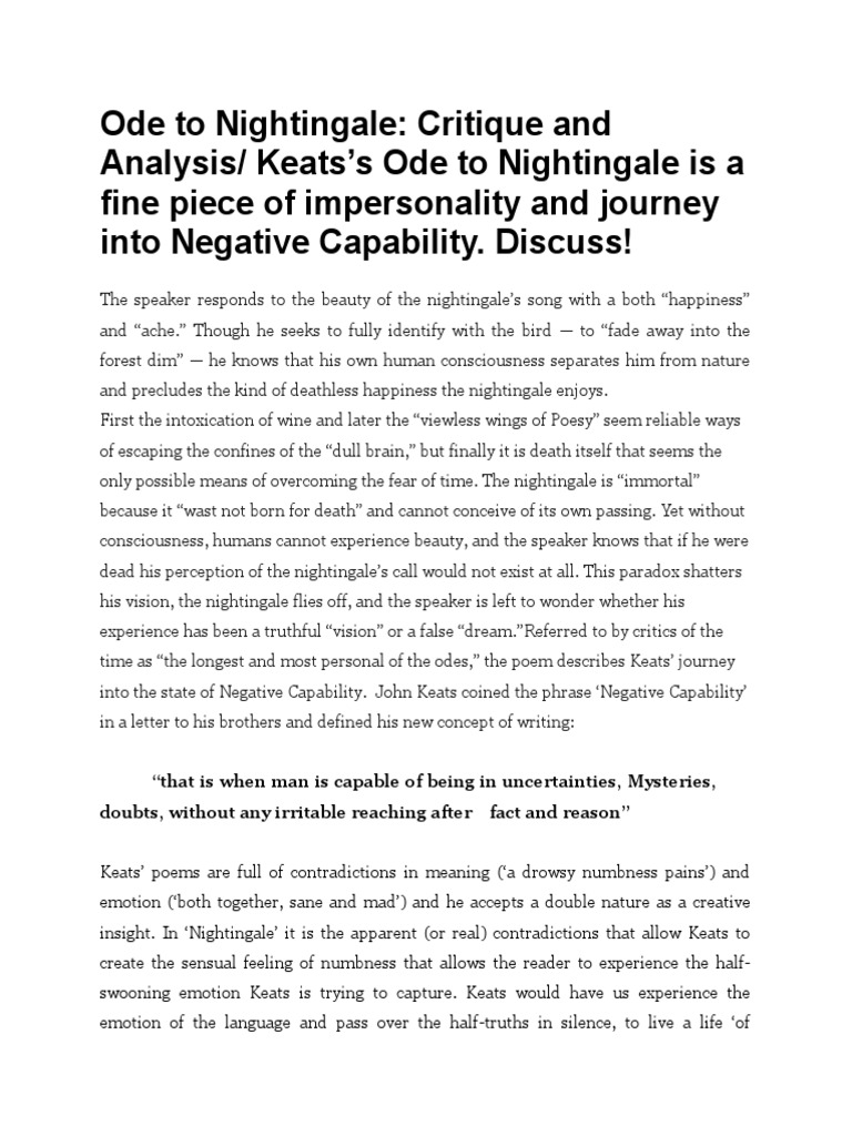 Ode To Nightingale: Critique and Analysis/ Keats's Ode To Nightingale ...