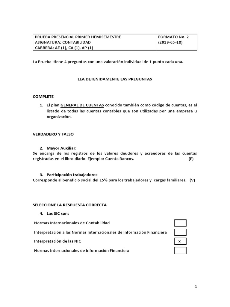 Examen y Prueba Rendida Formato 2 Primer Hemisemestre Uce | PDF | normas internacionales de ...