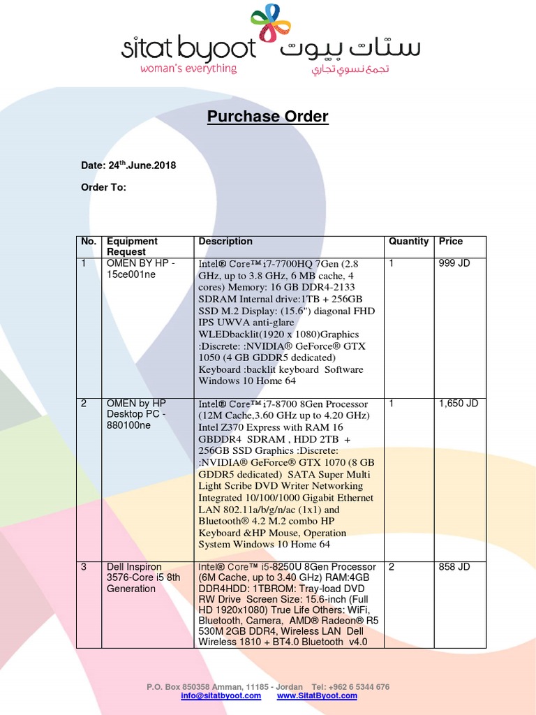Purchase Order: Date: 24 .June.2018 Order To | PDF | Personal Computers ...