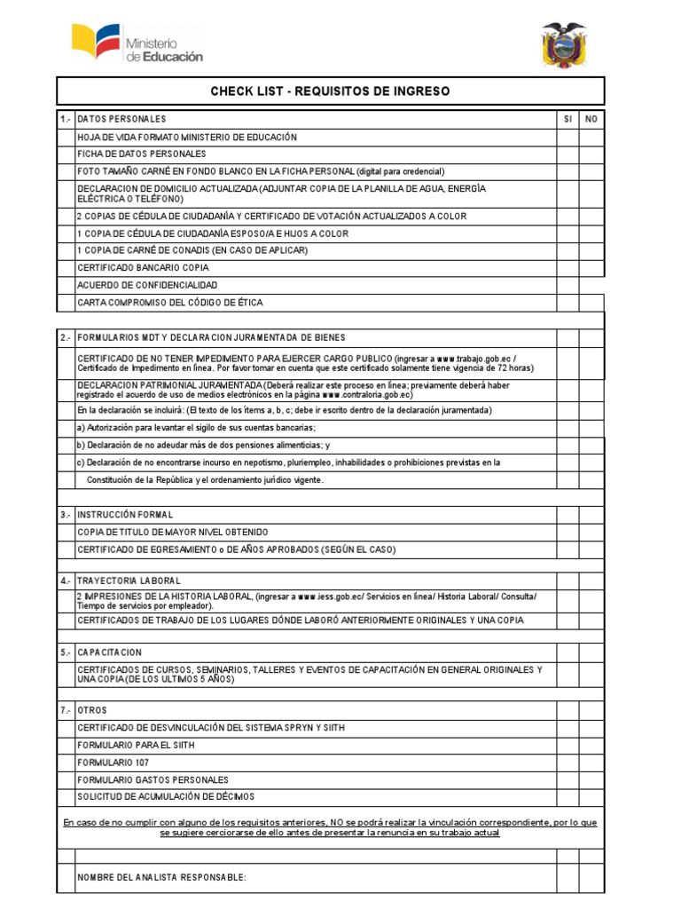 1.-Check List Requisitos de Ingreso | PDF | Gobierno