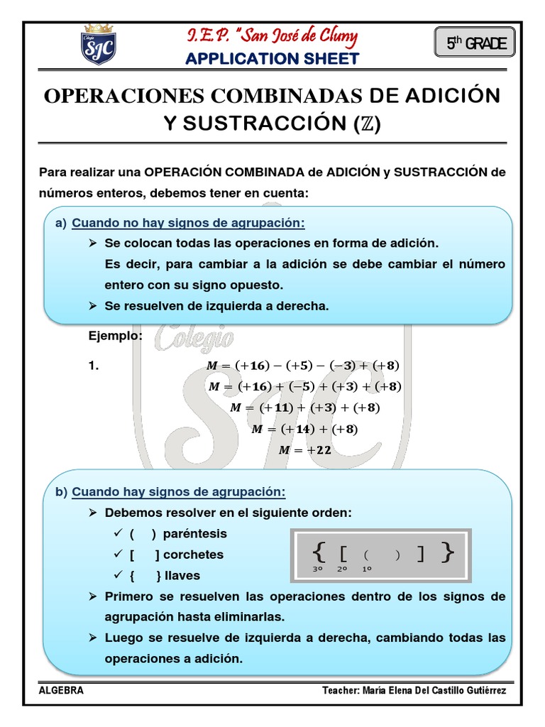 Operaciones Combinadas Con Números Enteros 5to Grado | PDF | Entero ...