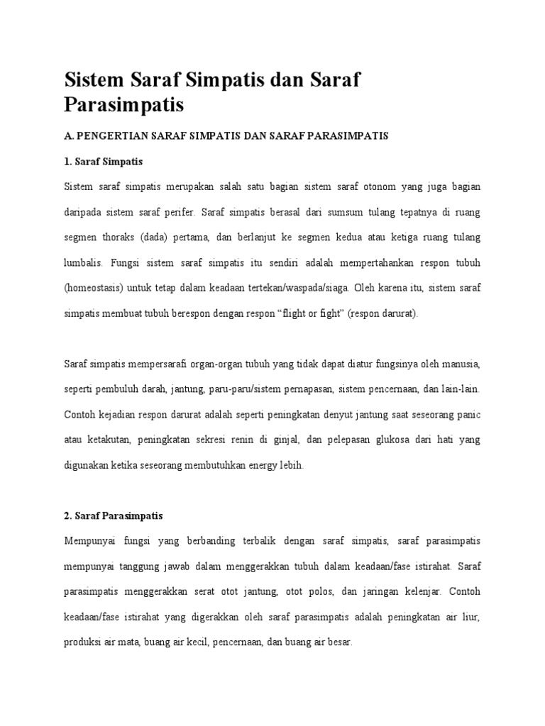 FUNGSI DAN MEKANISME KERJA SARAF SIMPATIS DAN PARASIMPATIS | PDF