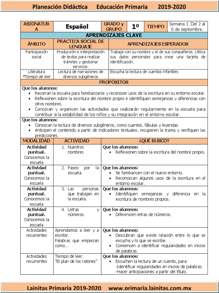 Planeación Didáctica 1er Grado 2019-2020 | PDF | Educación primaria ...