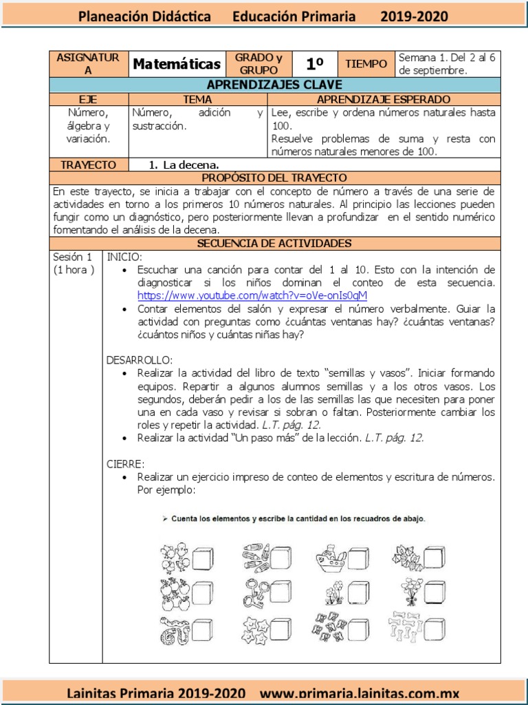 Planeación Matemáticas 1º Primaria 2019-2020 | PDF | Sustracción ...