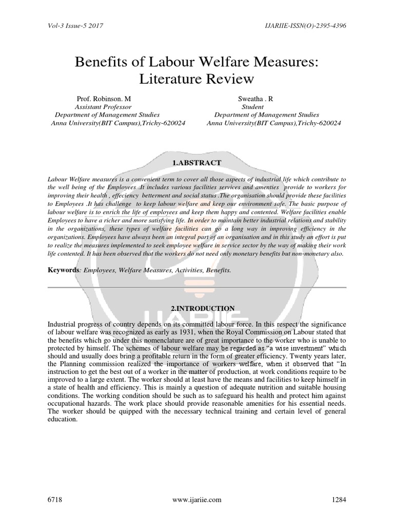 Benefits of Labour Welfare Measures: Literature Review: Prof. Robinson ...