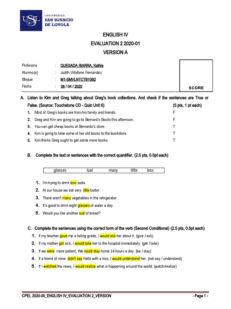 2020-01 - Eng Iv - Eva 2 - M1-SMVLNTCTB10B2 - Version A | Download Free PDF | Behavioural ...