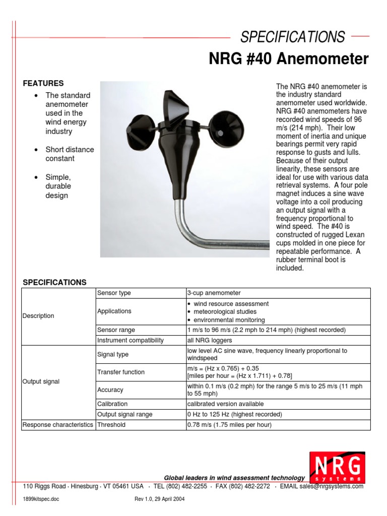 NRG #40 Anemometer: Specifications | PDF | Wound | Electricity