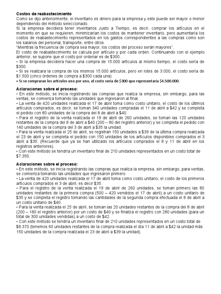 Costos de Reabastecimiento | PDF | Inventario | Costo