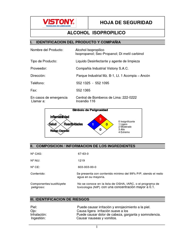 MSDS Alcohol Isopropilico PDF | PDF | Agua | Ciencias fisicas